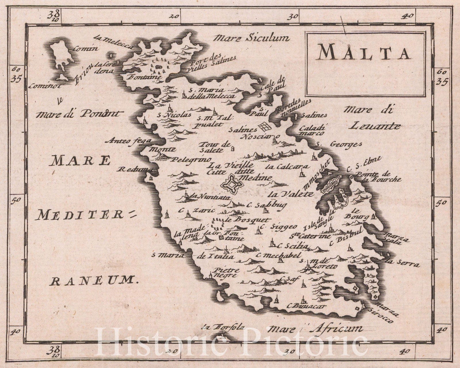 Historic Map - Malta, 1681, Sir Jonas Moore - Vintage Wall Art ...