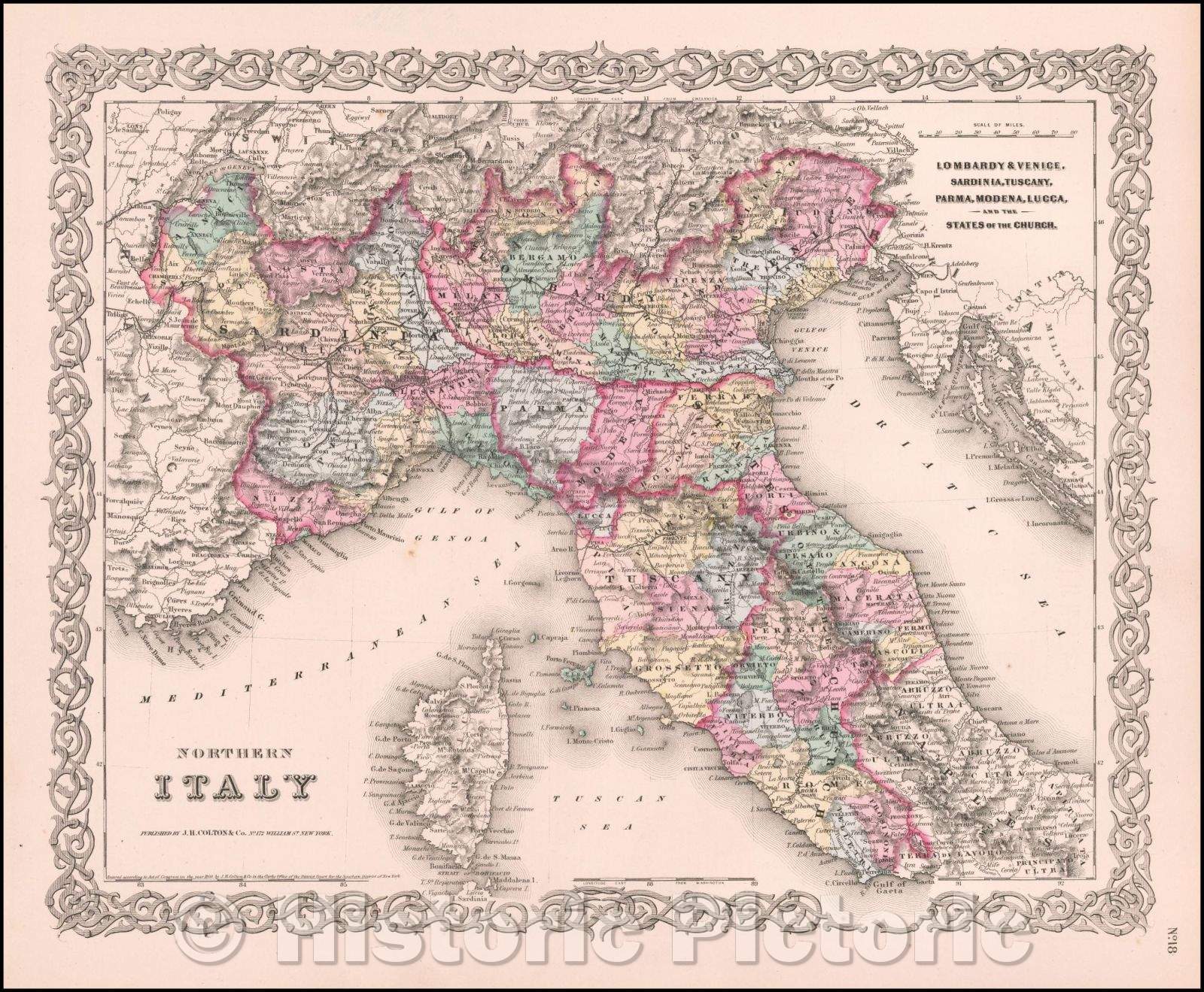 Historic Map - Colton's Northern Italy, 1858, Joseph Hutchins Colton ...
