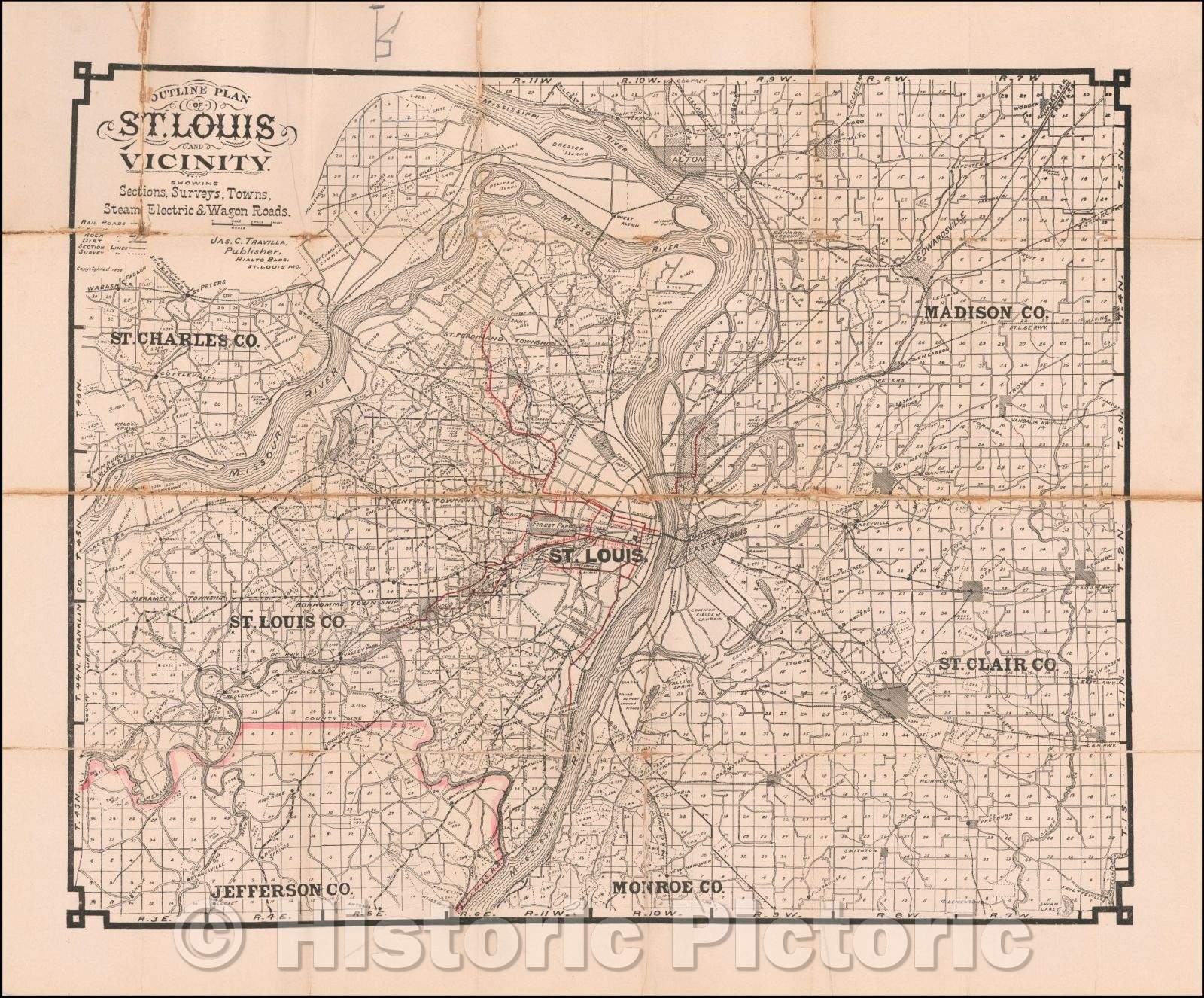 Historic Map - Outline Plan of St. Louis and Vicinity Showing Sections ...