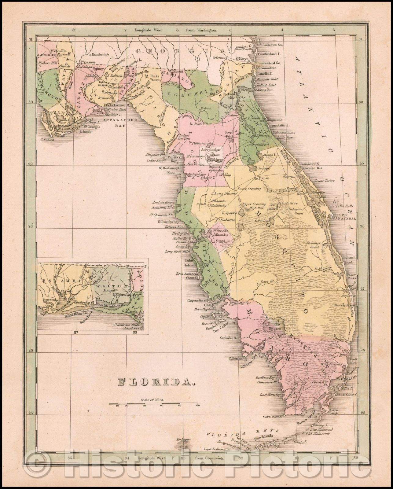 Historic Map - Florida, 1835, Thomas Gamaliel Bradford - Vintage Wall ...
