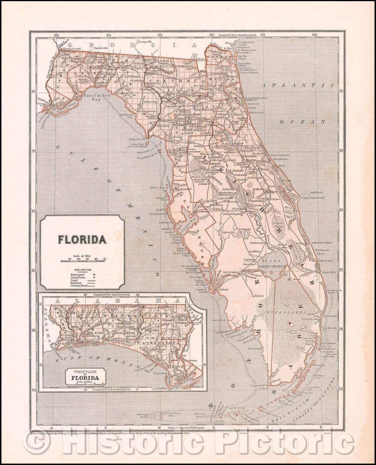 Historic Map - Florida, 1842, Sidney Morse - Vintage Wall Art ...