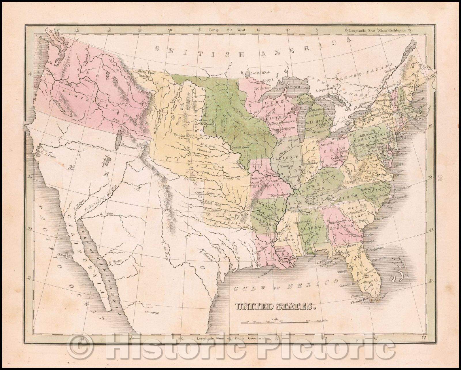 Historic Map - United States, 1835, Thomas Gamaliel Bradford - Vintage ...