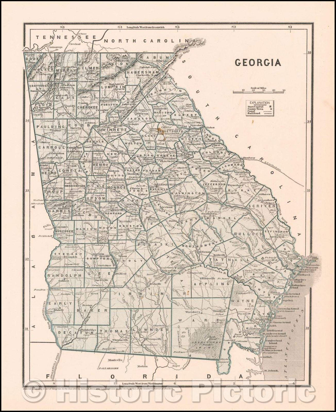 Historic Map - Georgia, 1842, Sidney Morse - Vintage Wall Art ...