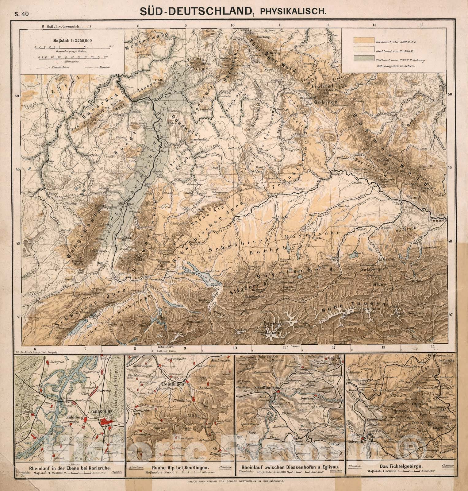 Historic Map : S40. Sued-Deutschland, Physikalisch., 1883, Vintage Wal ...