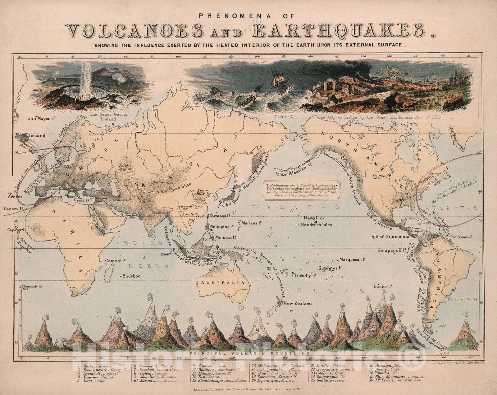 Historic Map : Phenomena of Volcanoes and Earthquakes, 1850, Vintage W ...