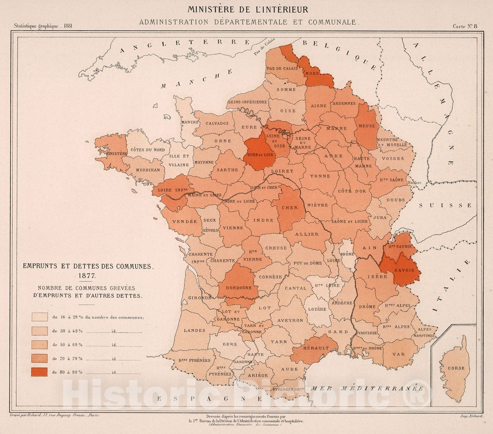 Historic Map : Emprunt et dettes des communes 1877. Carte 8, 1881, Vin ...