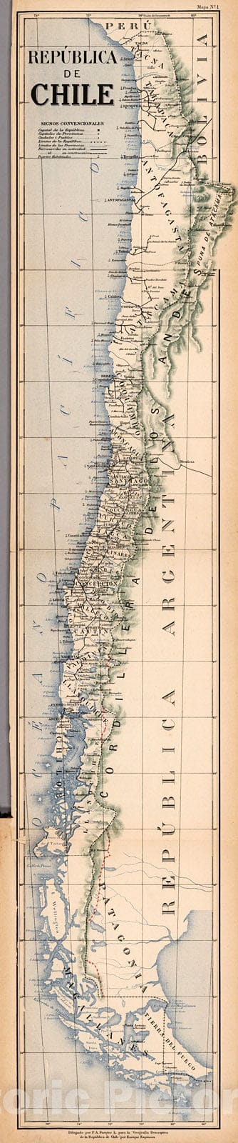 Historic Map : Mapa No. 1. Republica de Chile., 1903, Vintage Wall Dec ...
