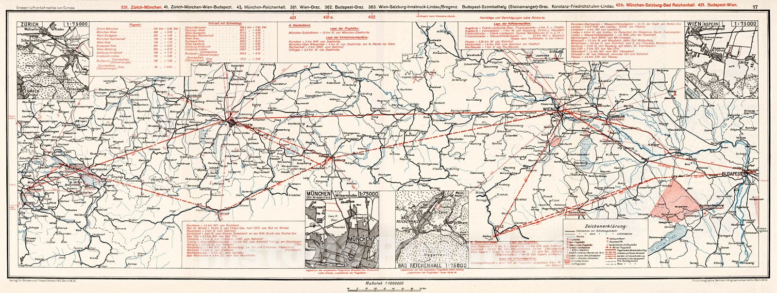 Historic Map : (Switzerland - Germany - Austria Airline Routes). (inse ...