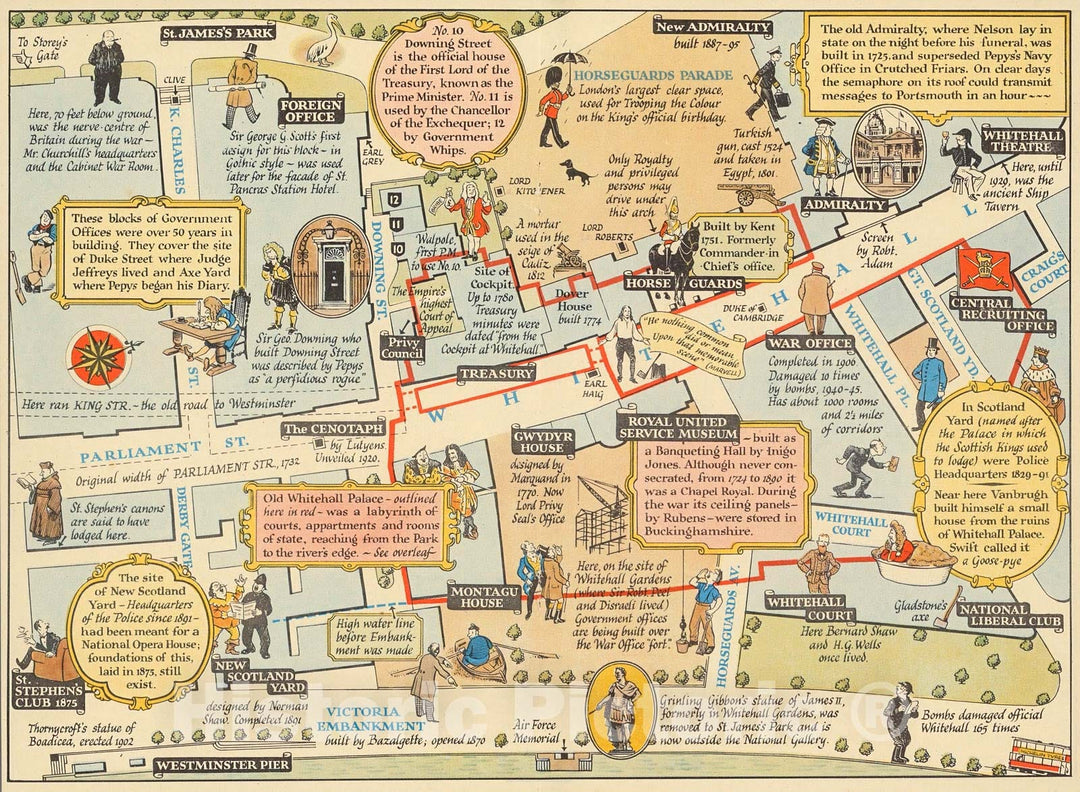 Historic Map : A Map of Whitehall : Past and present, 1948, Vintage Wa ...