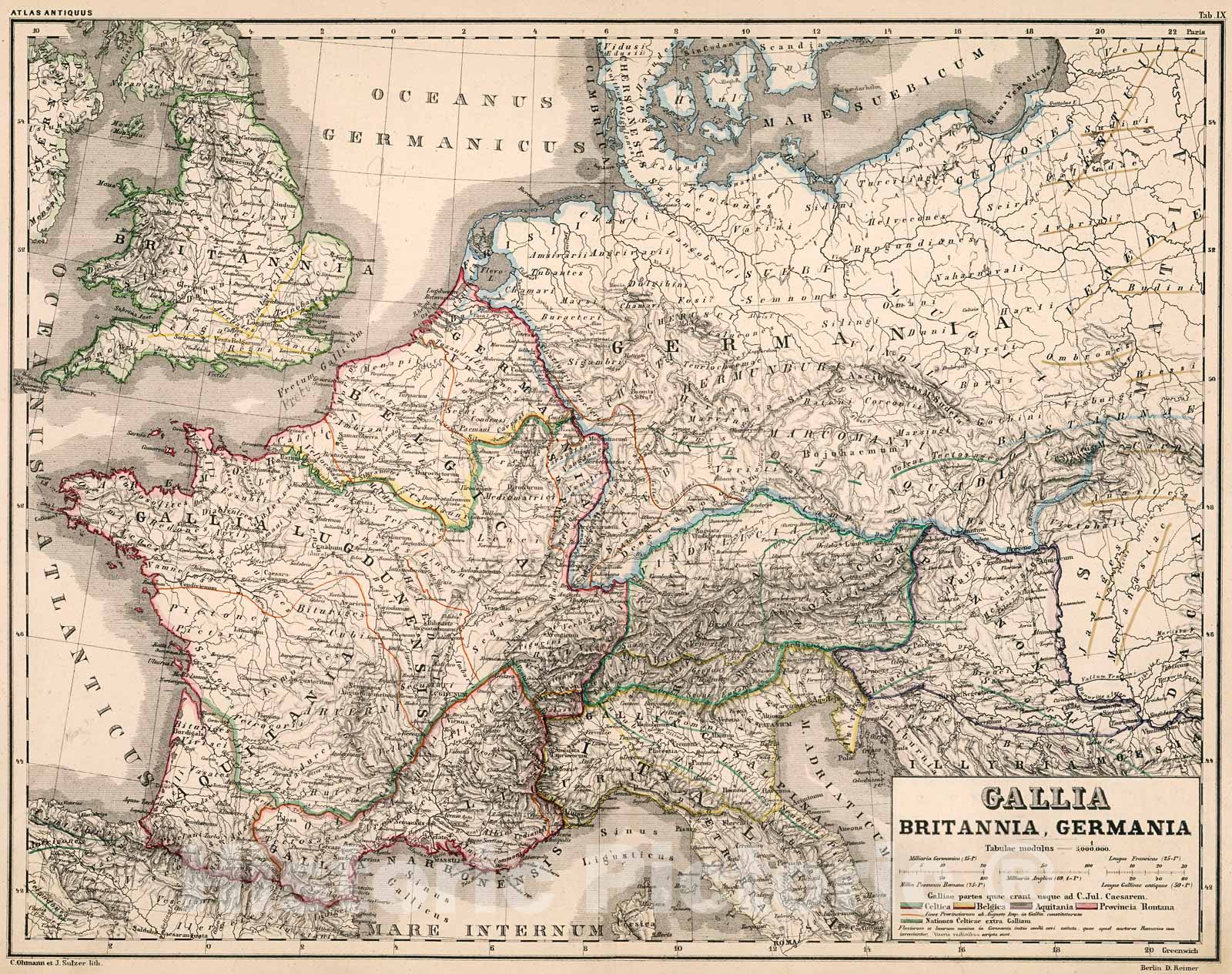 Historic Map : Tab. IX. Gallia, Britannia, Germania, 1861, Vintage Wal ...