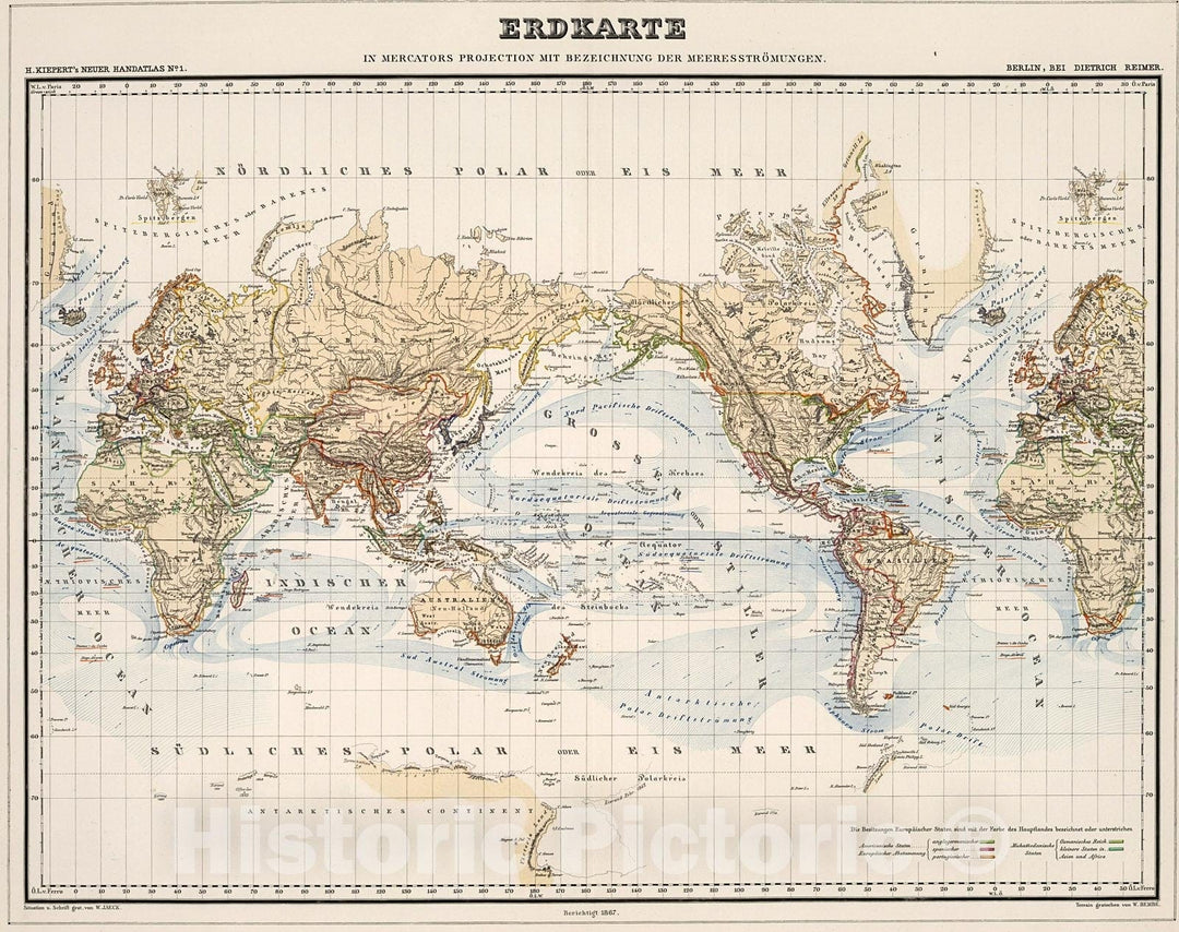 Historic Map : Erdkarte in Mercators Projection, 1871, Vintage Wall De – Historic Pictoric