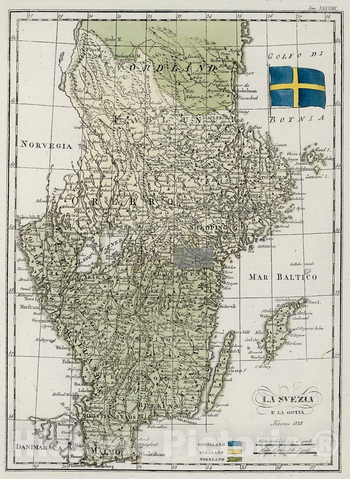 Historic Map : La Svezia e. la Gotia, Firenze 1838, 1842, Vintage Wall ...