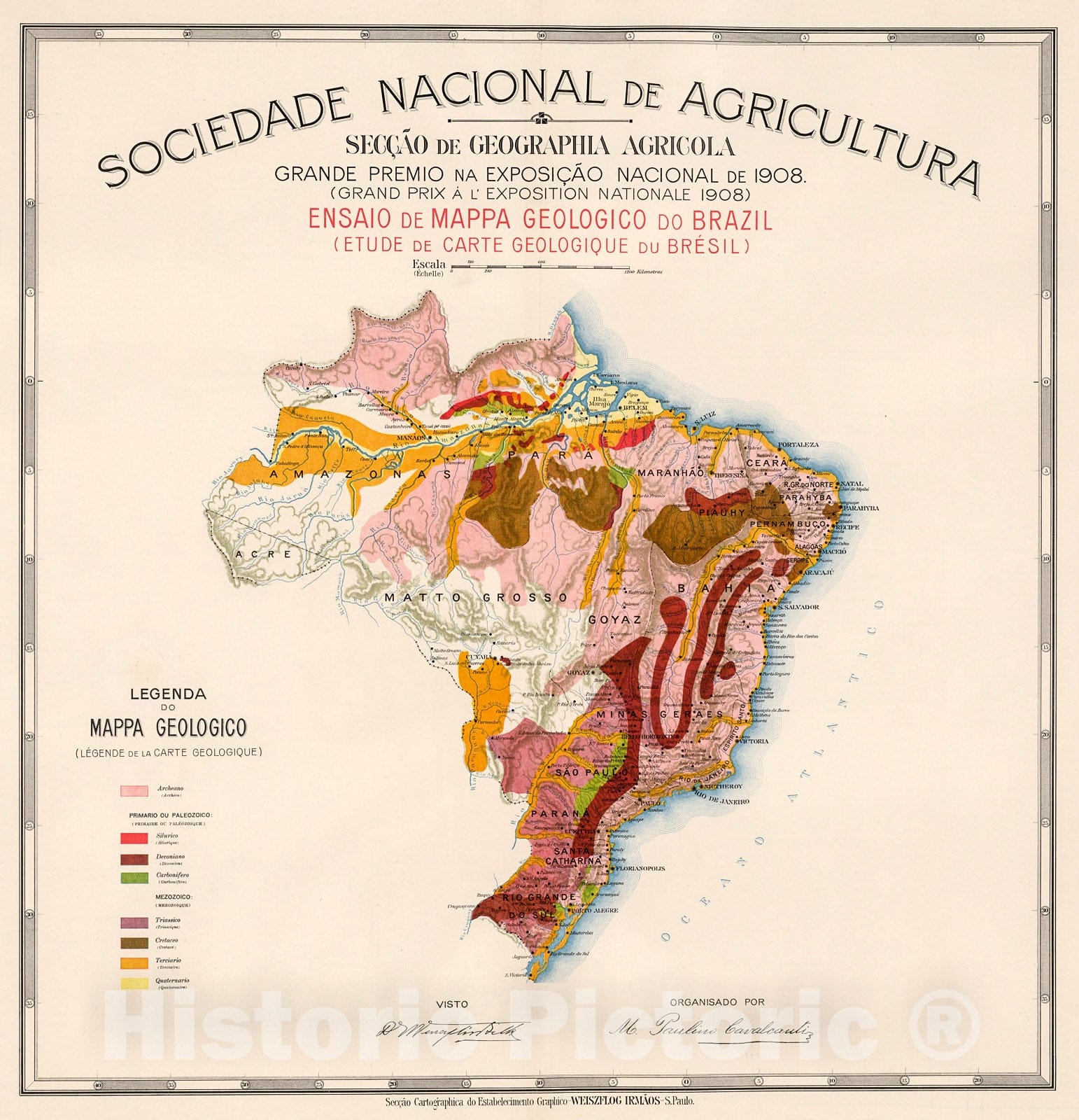 Historic Map : Ensaio de mappa geologico do Brazil, 1908, Vintage Wall ...