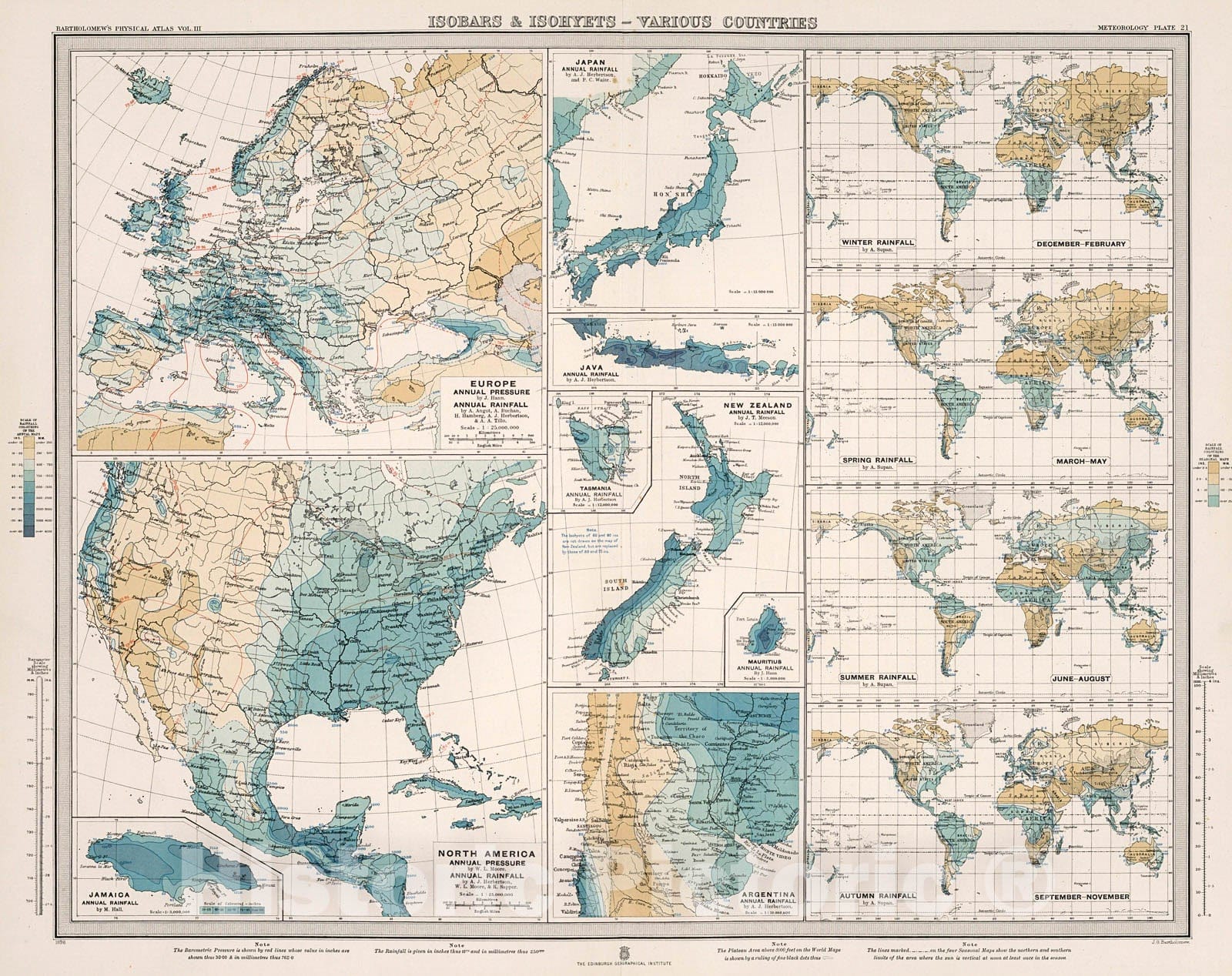 Historic Map : Plate 21. Isobars & Isohyets - Various Countries., 1899 ...