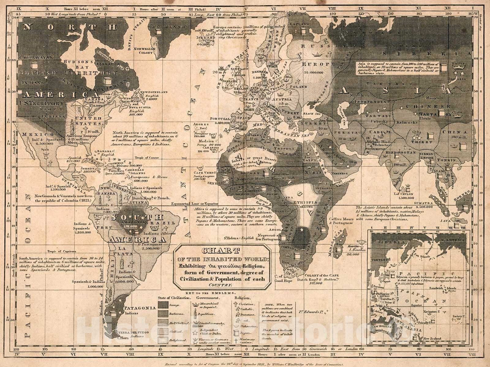 Historic Map : Chart of the Inhabited World., 1823, Vintage Wall Decor ...