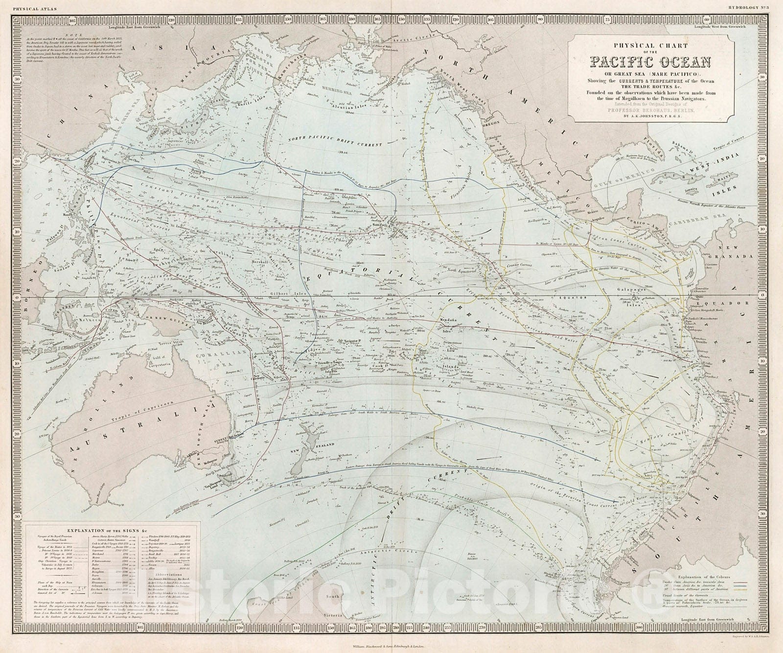 Historic Map : Physical Chart of the Pacific Ocean., 1850, Vintage Wal ...