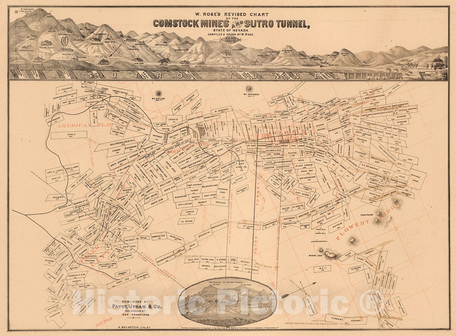 Historic Map - W. Rose's Revised Chart of the Comstock Mines and Sutro ...