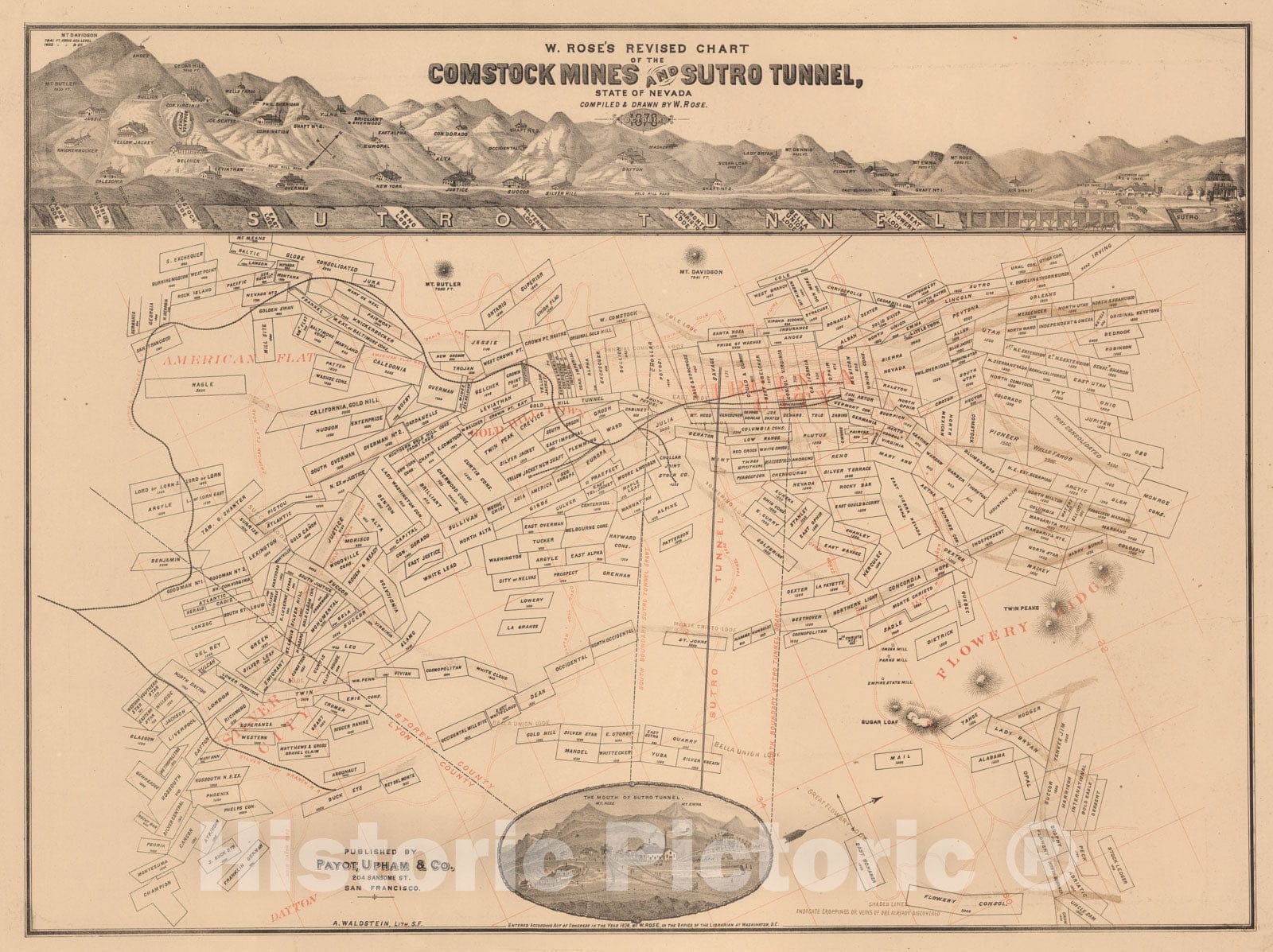 Historic Map - W. Rose's Revised Chart of the Comstock Mines and Sutro ...