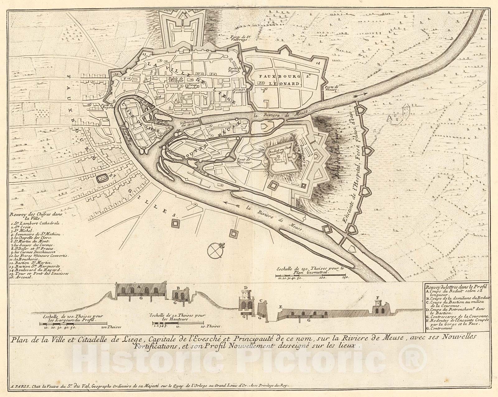 Historic Map : Plan de la ville et citadelle de Liege, 1714, Vintage W ...