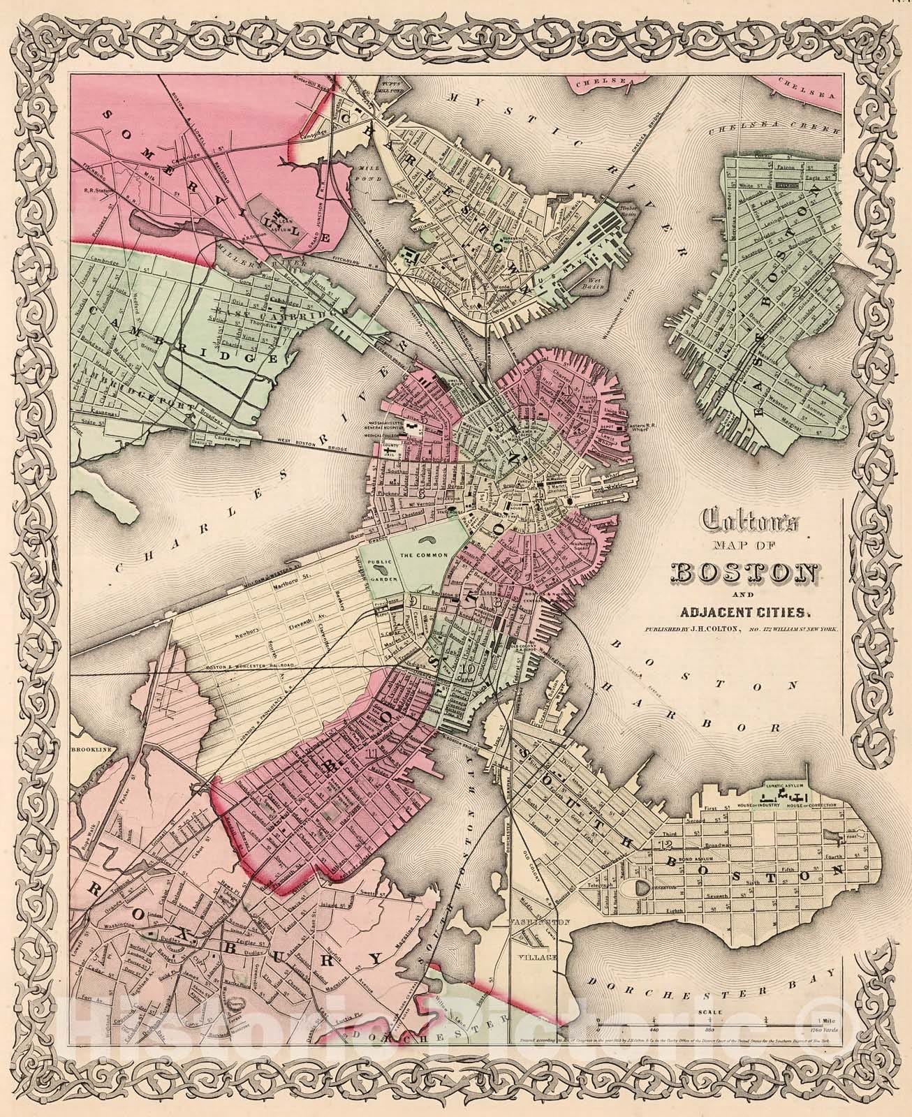 Historic Map : Boston and Adjacent Cities., 1861, Vintage Wall Decor ...
