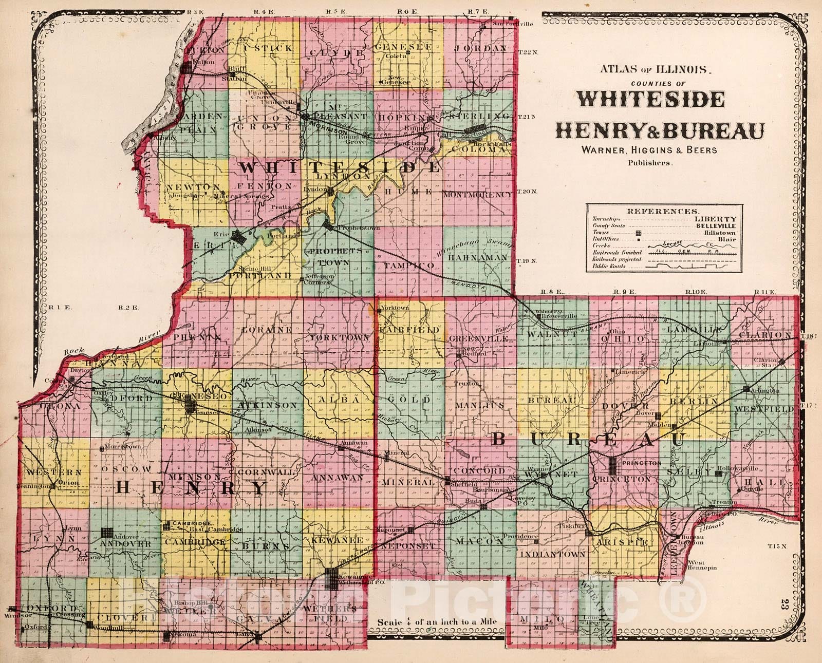 Historic Map : Counties of Whiteside, Henry & Bureau, 1871, Vintage Wa ...