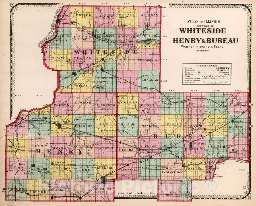 Historic Map : Counties of Whiteside, Henry & Bureau, 1871, Vintage Wa ...