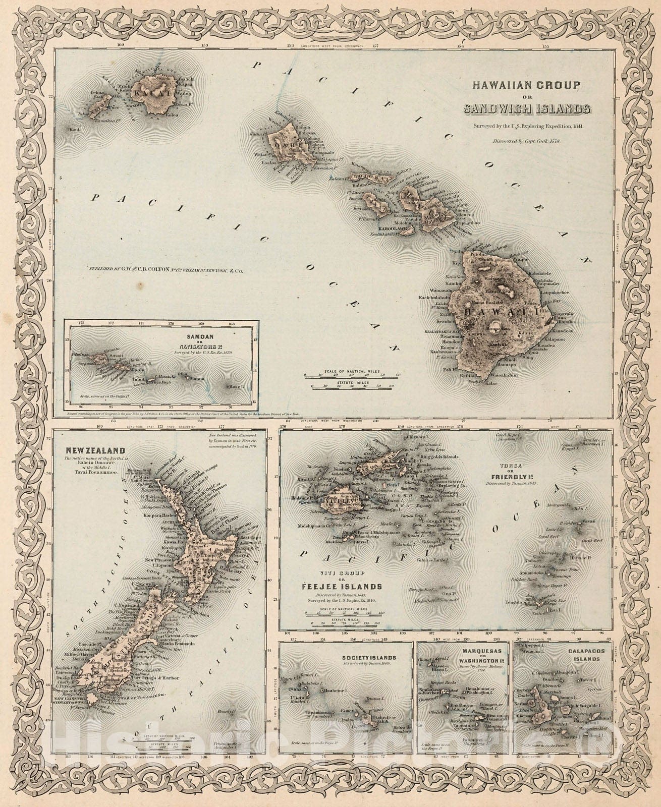 Historic Map : Hawaii. New Zealand. Fiji. Society Islands. Marquesas ...