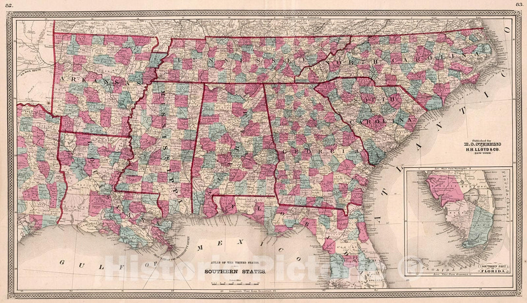 Historic Map : Atlas of the United States. Southern States, 1868, Vint ...