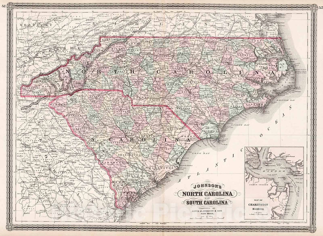 Historic Map : Johnson's North Carolina and South Carolina, 1880, Vint ...