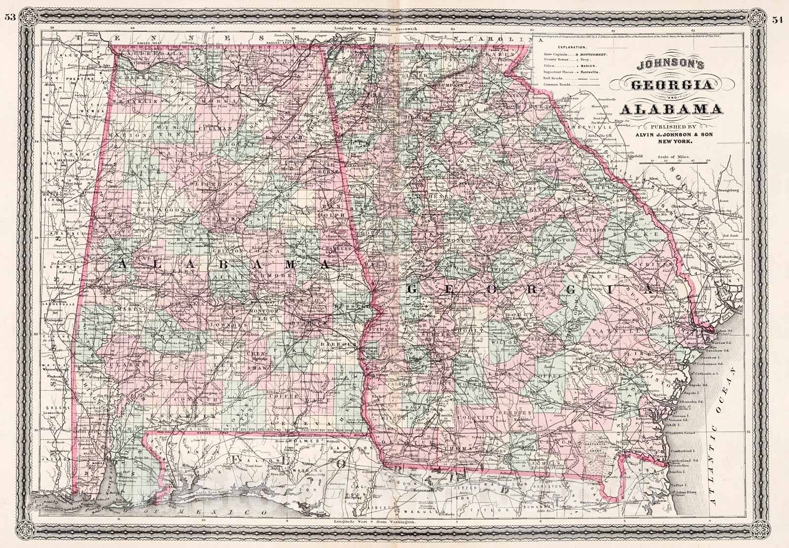Historic Map : Johnson's Georgia and Alabama, 1880, Vintage Wall Decor ...