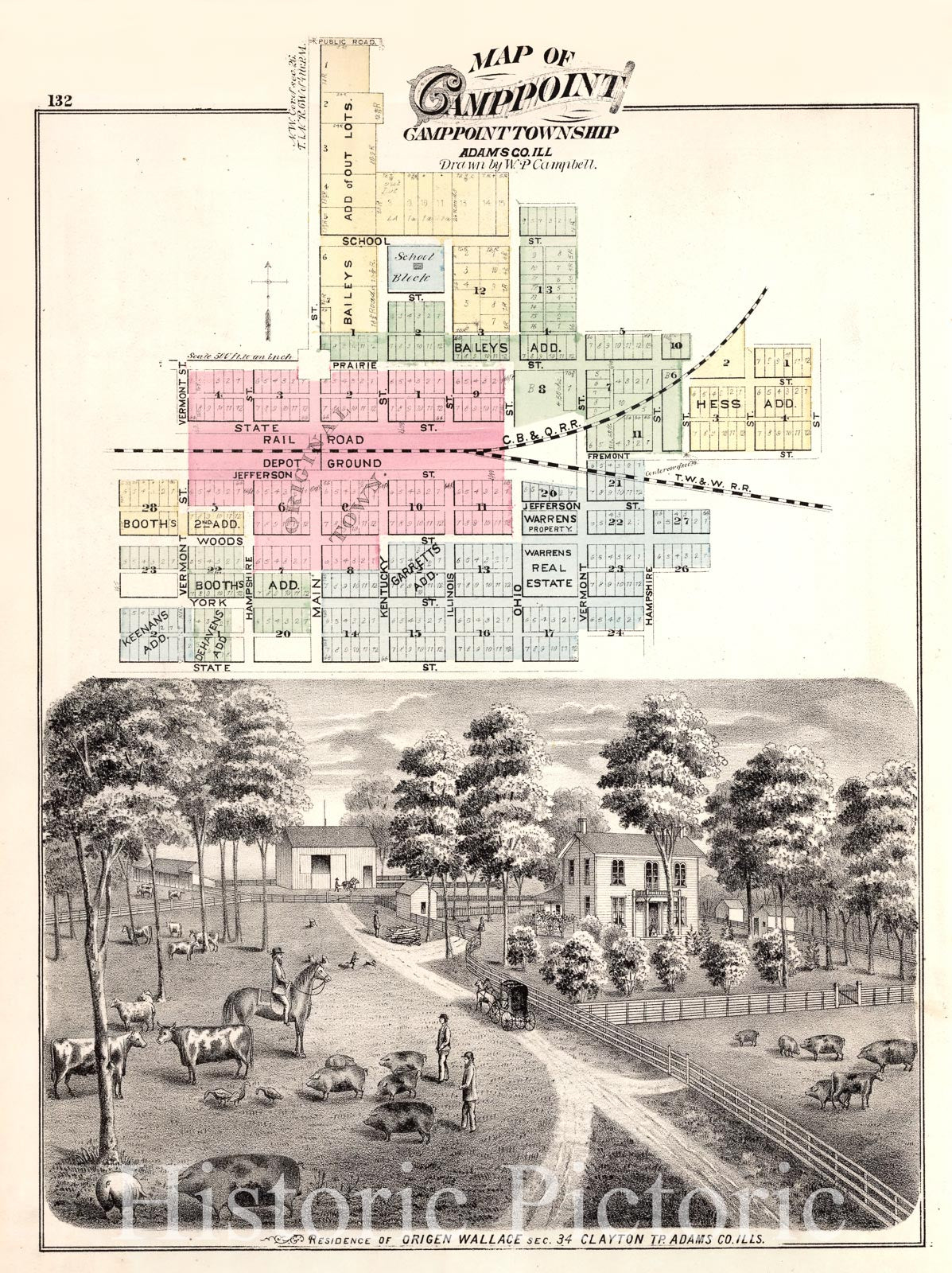 Historic Map : Camp Point, Illinois. (View) Residence of Origen Wallac ...