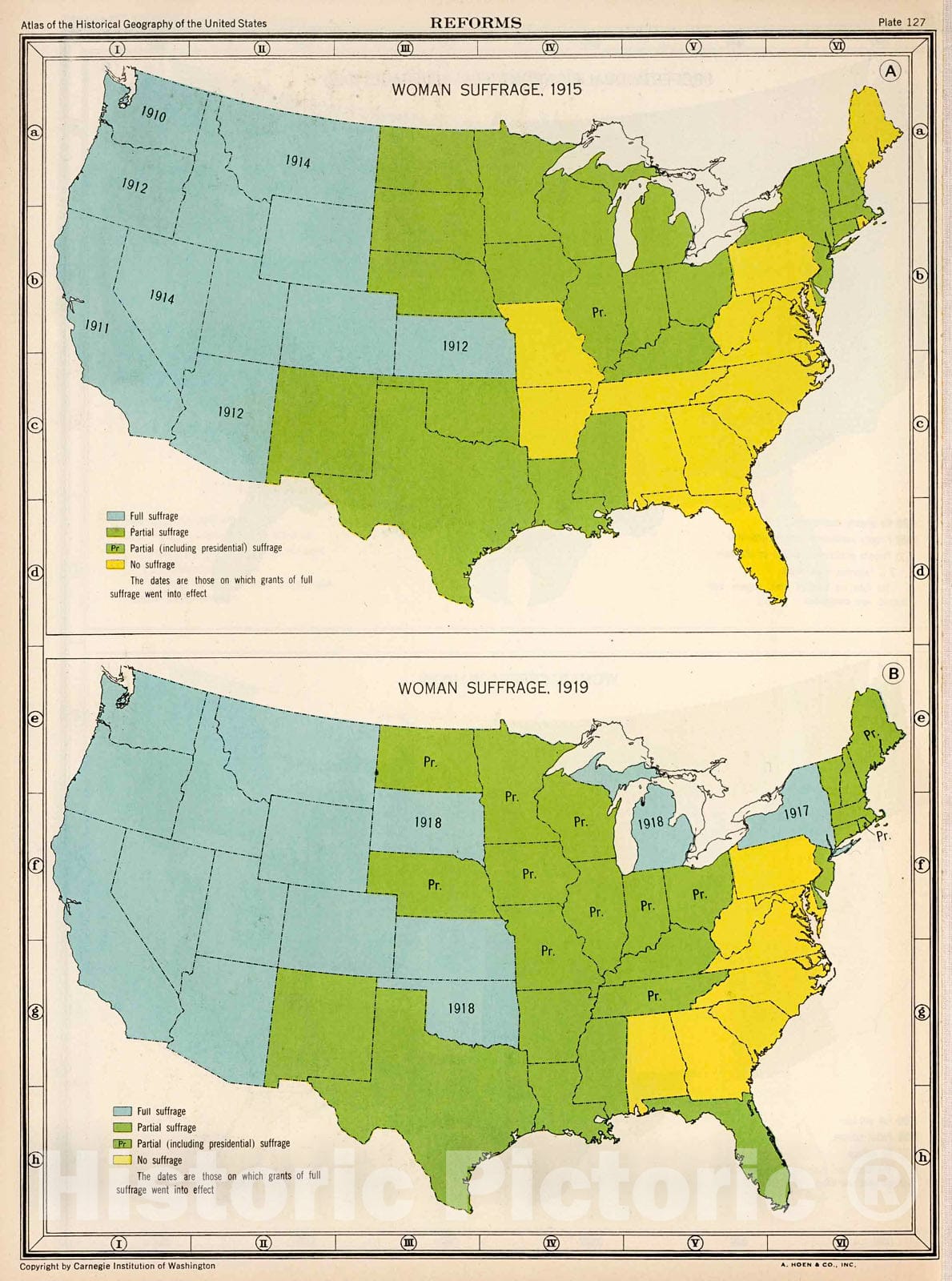 Historic Map : Plate 127. Reforms. Woman Suffrage, 1915, 1919., 1932 ...