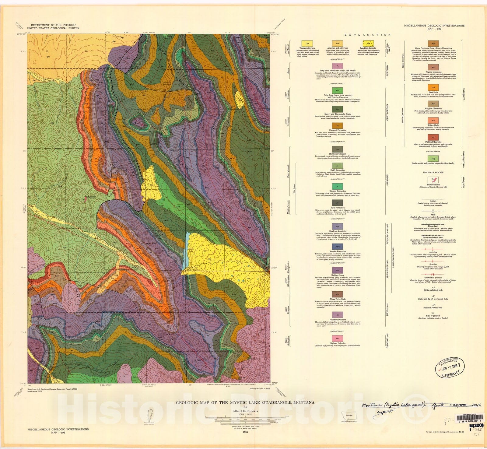 Map : Geologic map of the Mystic Lake quadrangle, Montana, 1964 Cartog ...