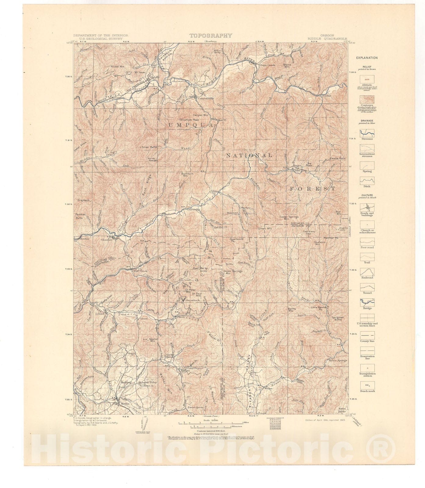 Map : Riddle folio, Oregon, 1924 Cartography Wall Art : – Historic Pictoric