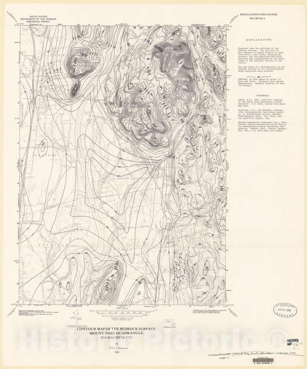 Map : Contour map of the bedrock surface, Mount Toby quadrangle, Massa ...
