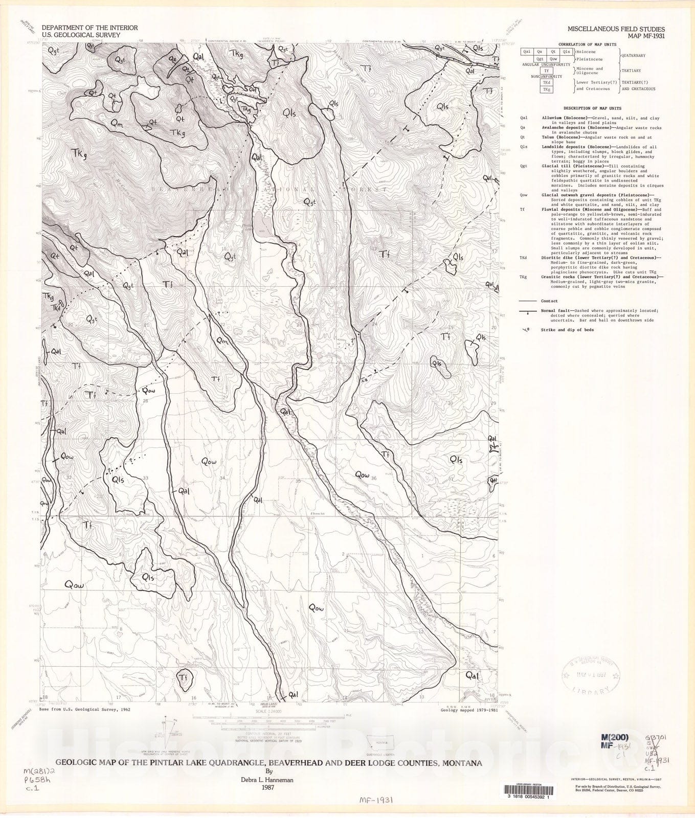Map : Geologic map of the Pintlar Lake quadrangle, Beaverhead and Deer ...