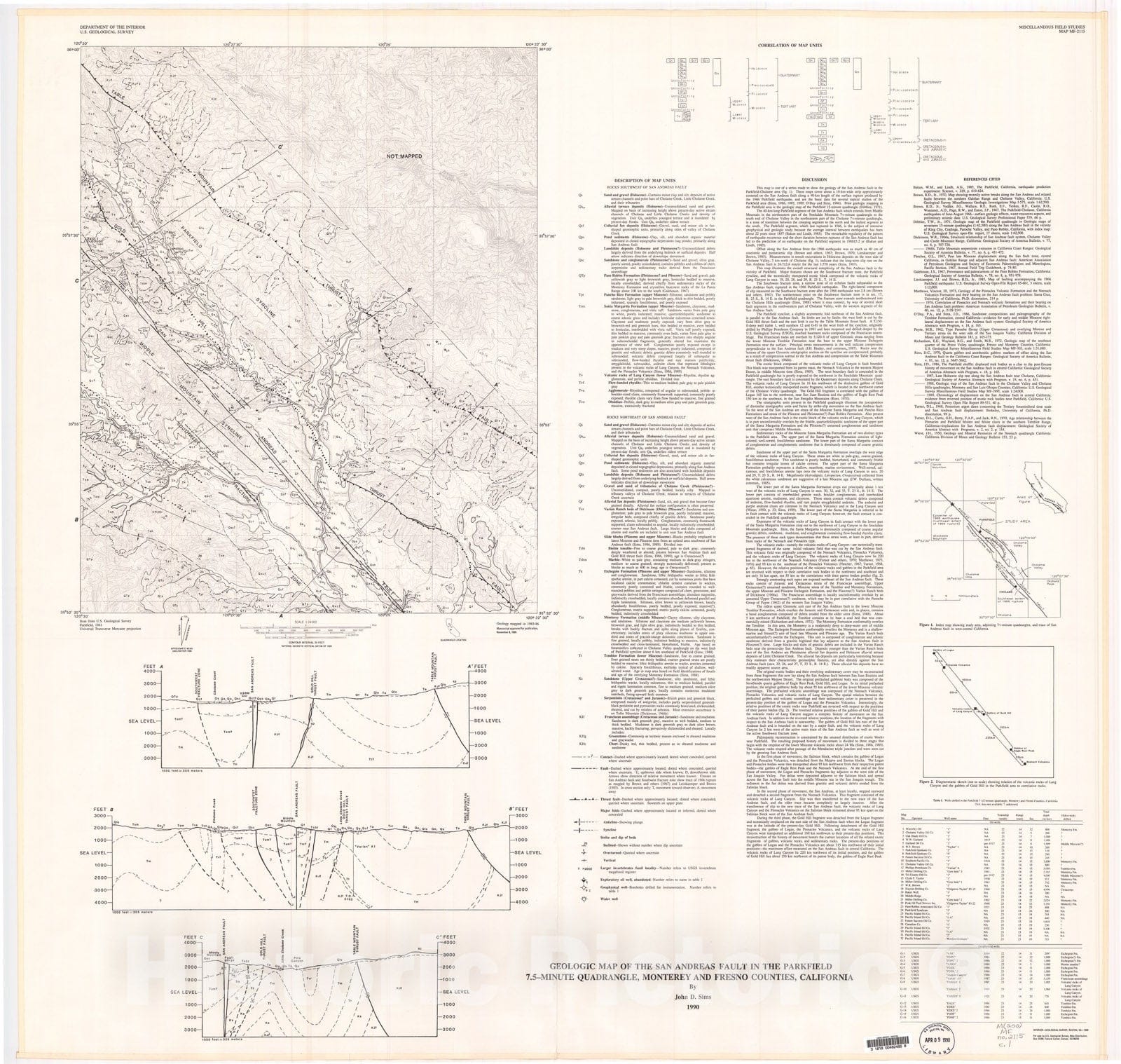 San Andreas Fault Parkfield Quadrangle California Bedrock Map ...