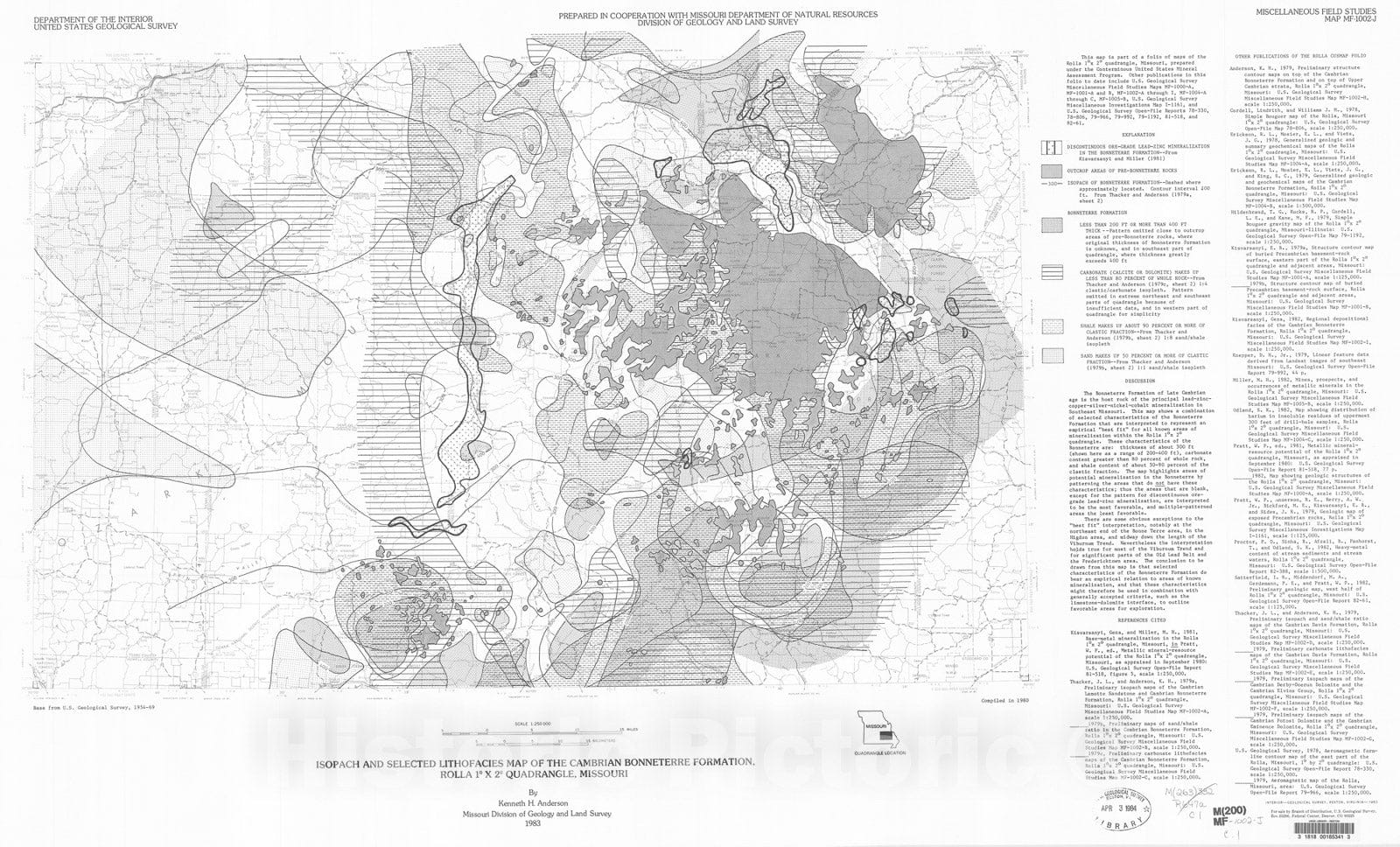 Map : Isopach and selected lithofacies map of the Cambrian Bonneterre ...