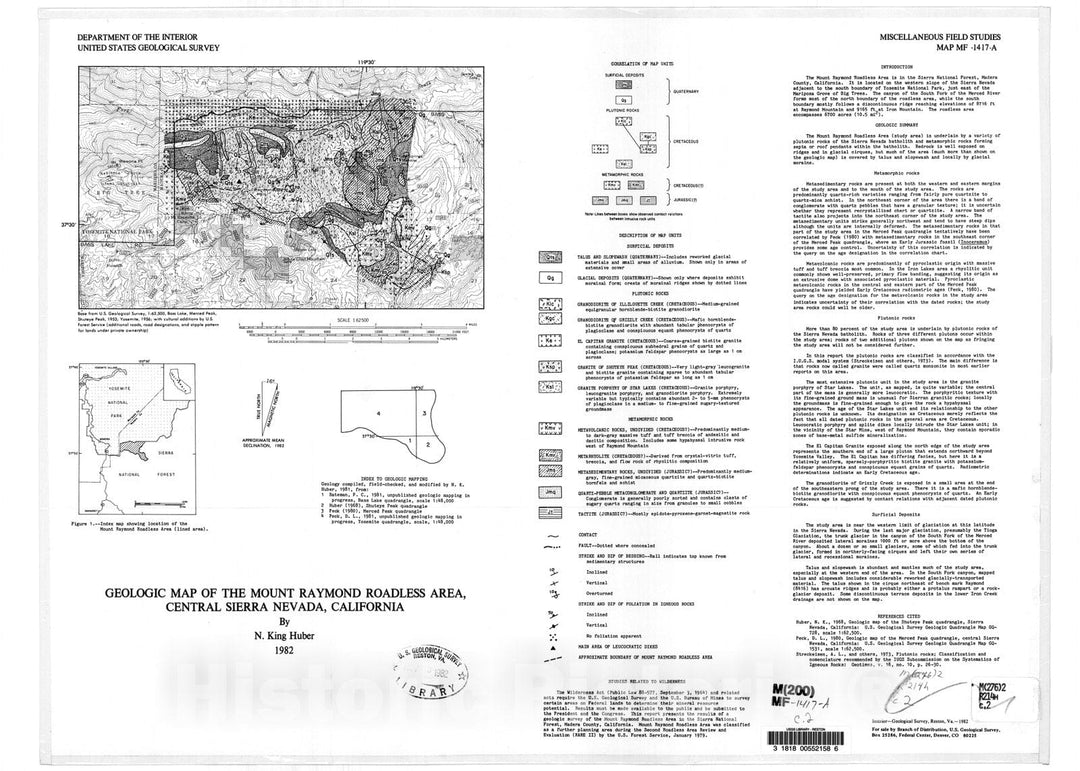 Map : Geologic map of the Mount Raymond Roadless Area, central Sierra ...