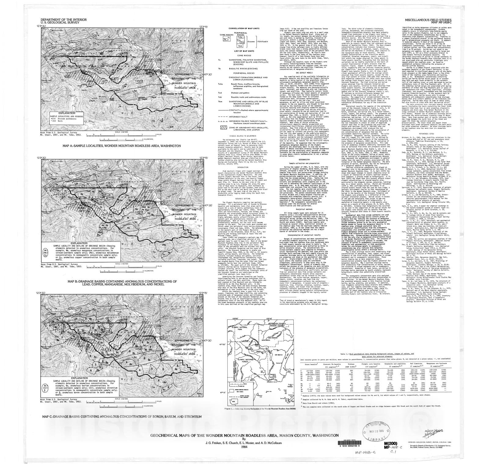 Map : Geochemical maps of the Wonder Mountain Roadless Area, Mason Cou ...