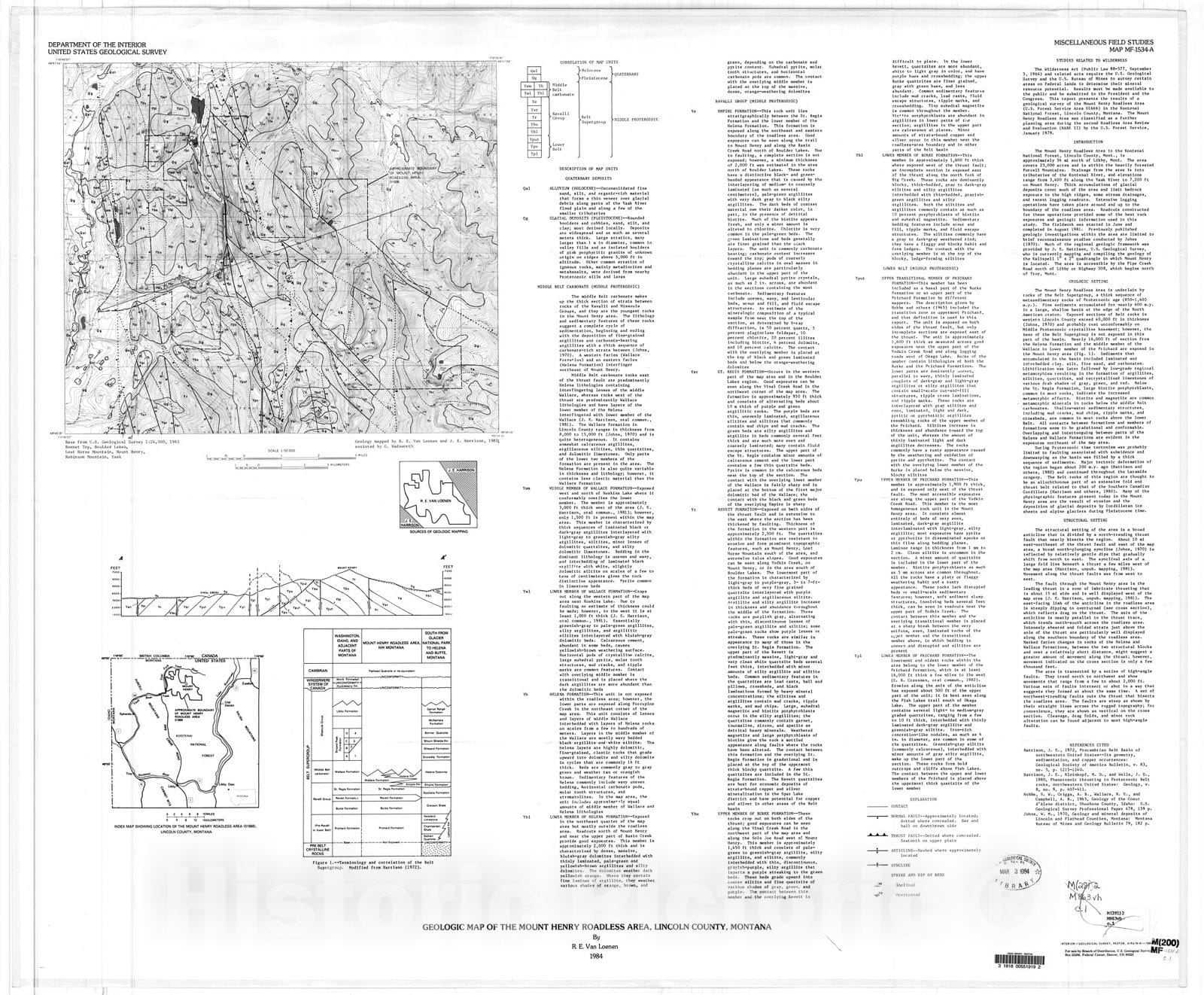 Map : Geologic map of the Mount Henry Roadless Area, Lincoln County, M ...