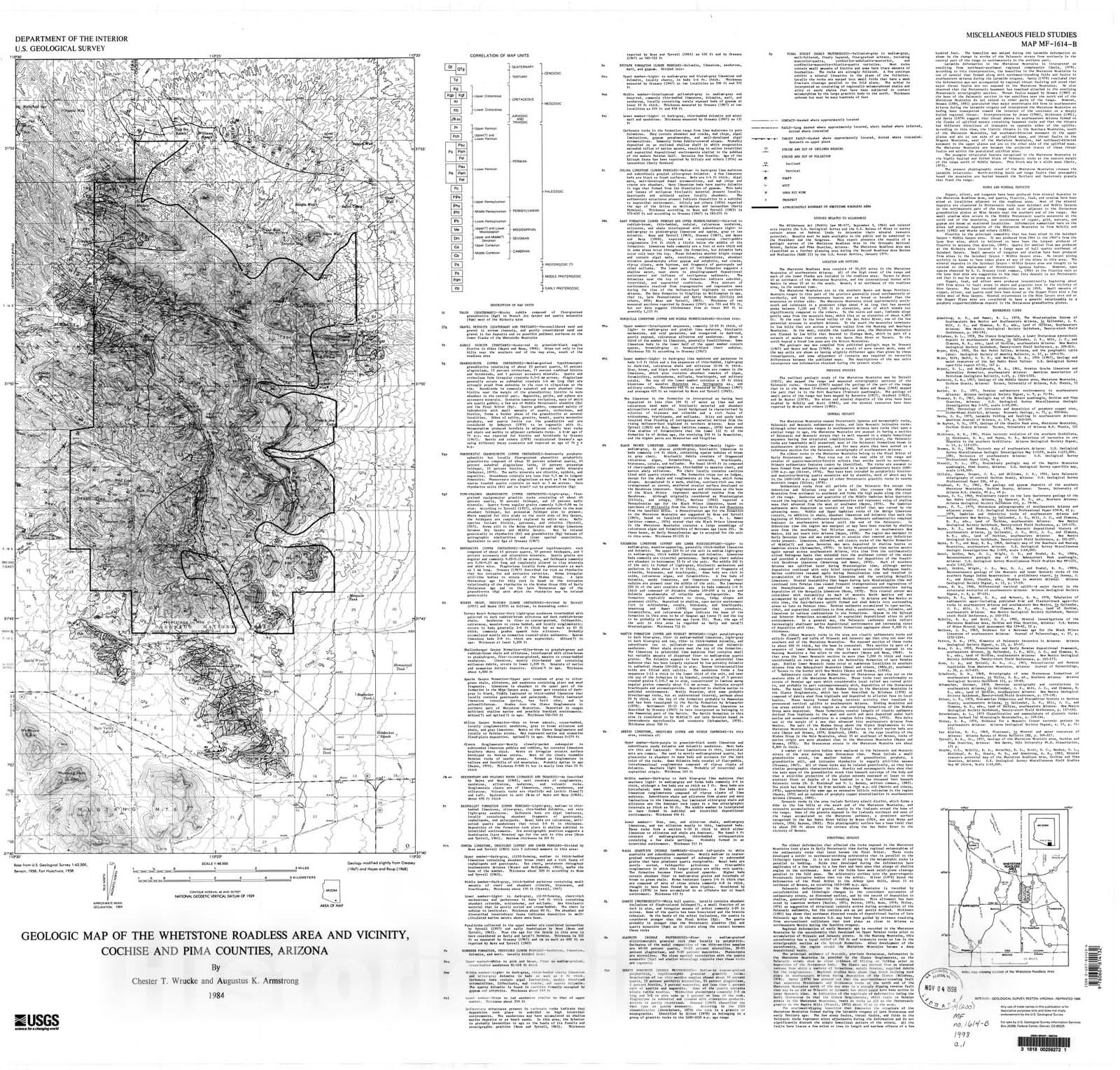 Map : Geologic map of the Whetstone Roadless Area and vicinity, Cochis ...