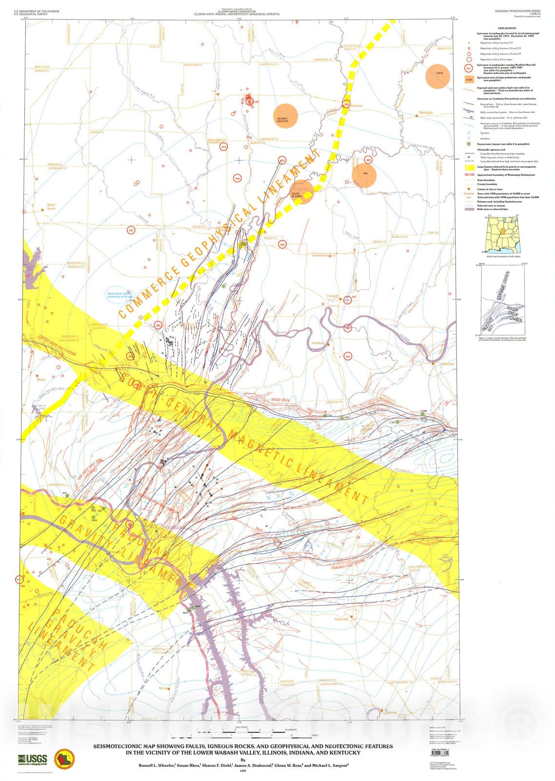 Map : Seismotectonic map showing faults, igneous rocks, and geophysica ...