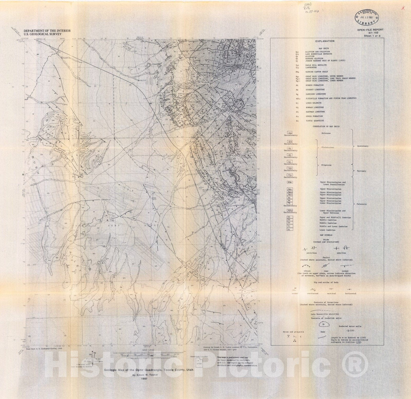 Ophir Mercur Utah Geologic Map 1987 Print | Historic Pictoric