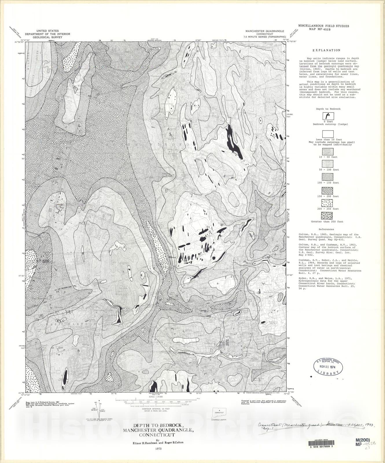 Map : Depth to bedrock, Manchester quadrangle, Connecticut, 1973 Carto ...