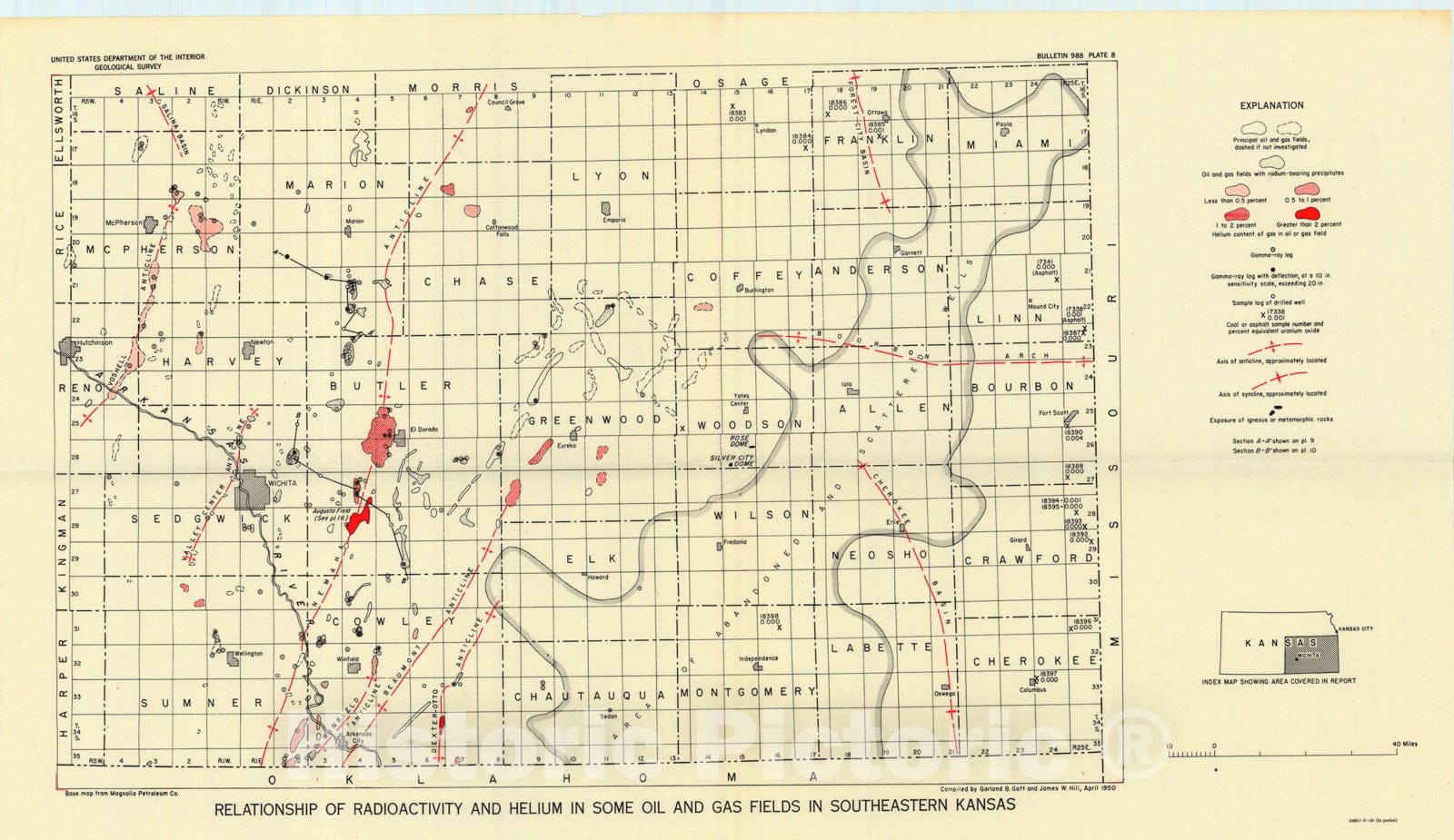 Map : Radioactivity in some oil fields of southeastern Kansas, 1953 Ca ...