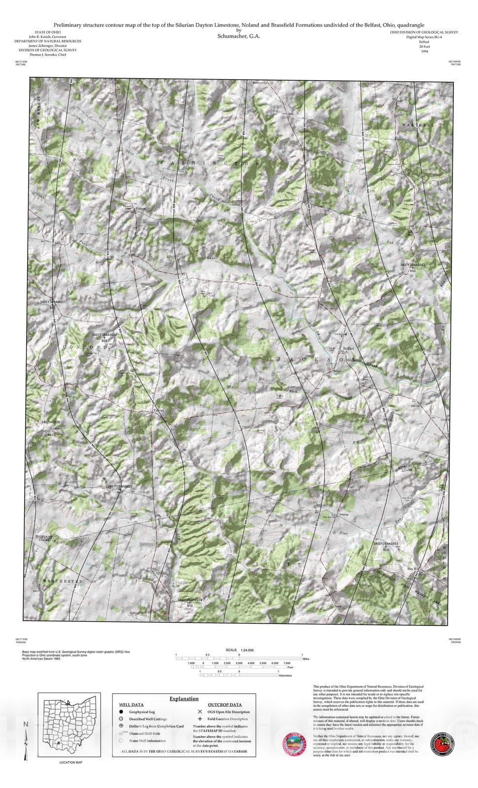 Map : Preliminary structure contour map of the top of the Silurian Day ...