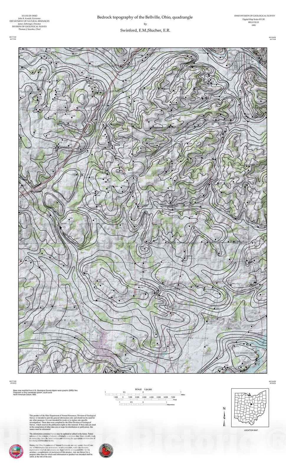 Map : Bedrock topography of the Bellville, Ohio, quadrangle, 1995 Cart ...