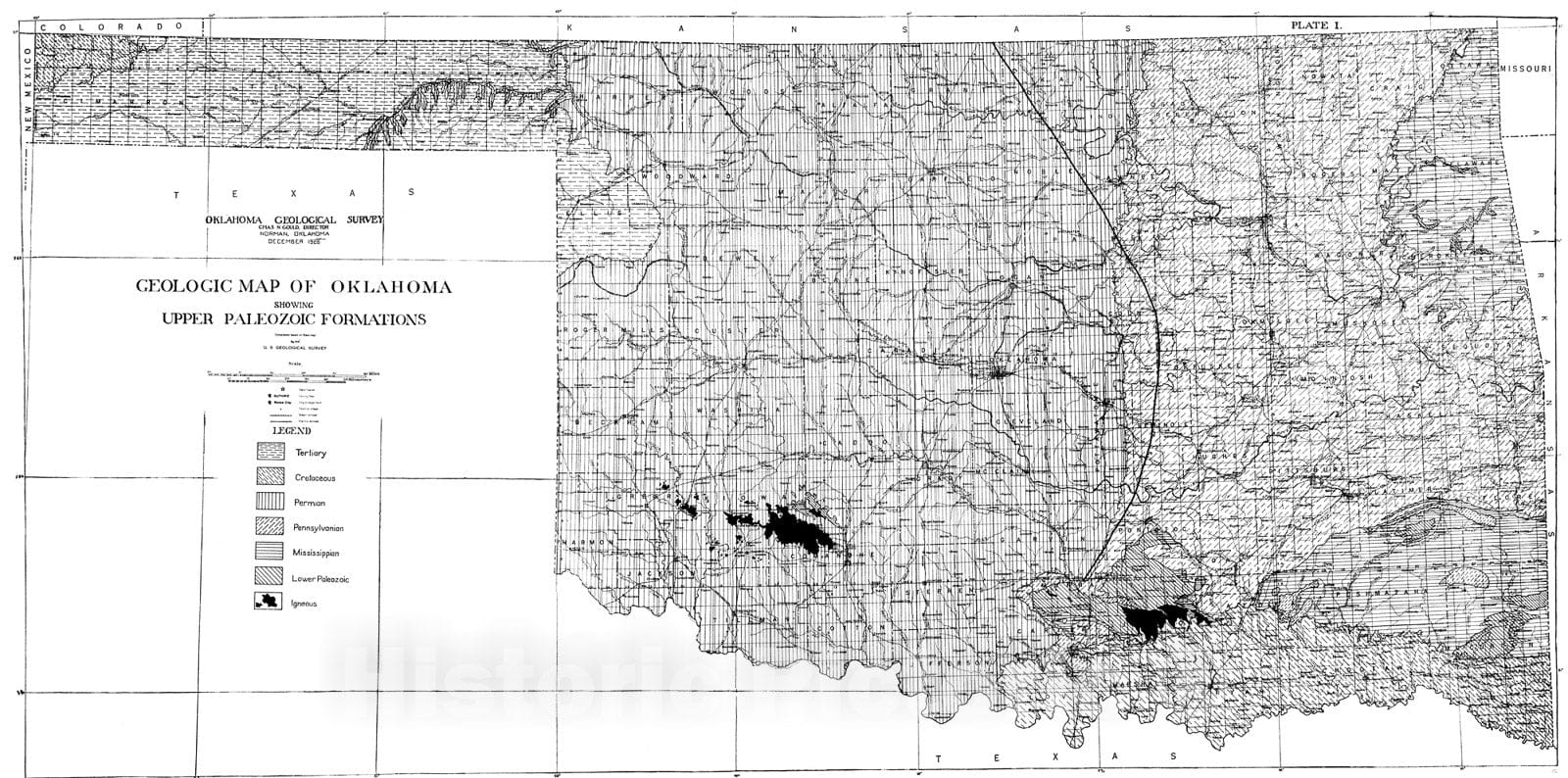 Map : Plate 1. Geologic map of Oklahoma showing upper Paleozoic format ...