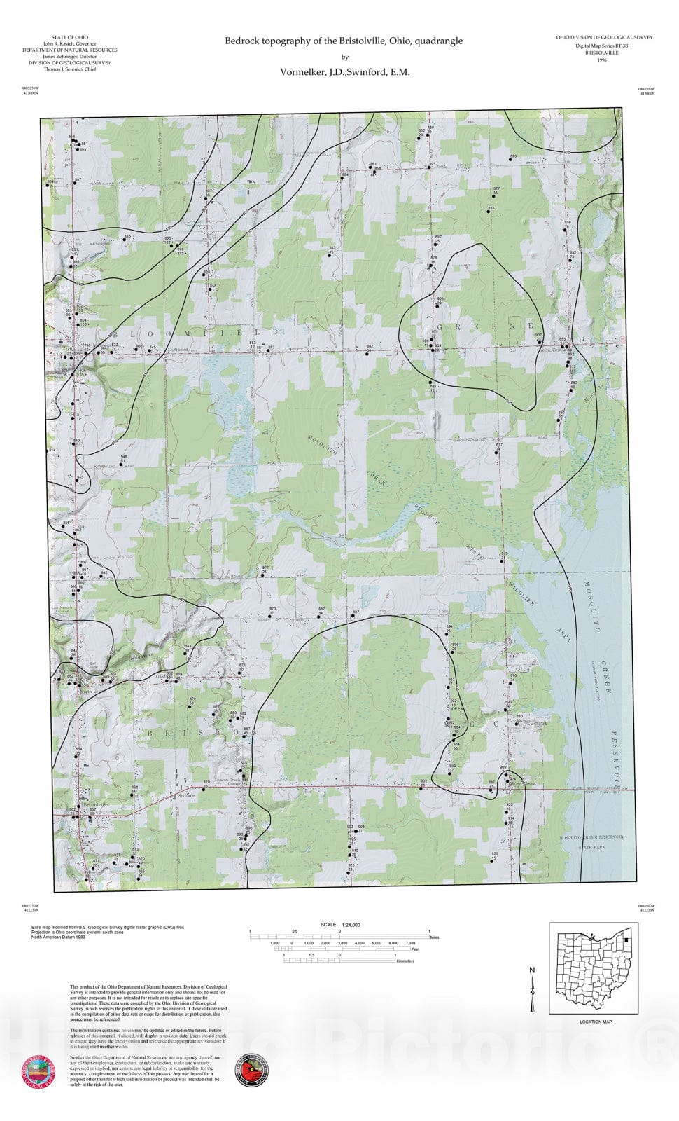 Map : Bedrock topography of the Bristolville, Ohio, quadrangle, 1996 C ...